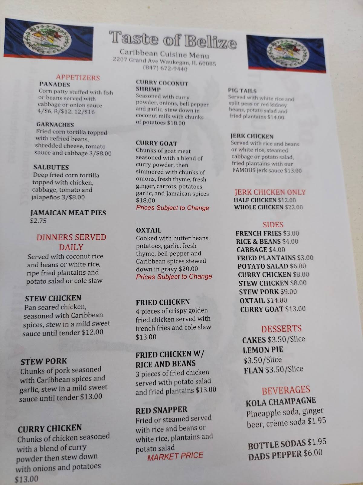 Menu at Taste Of Belize restaurant, Waukegan, Grand Ave