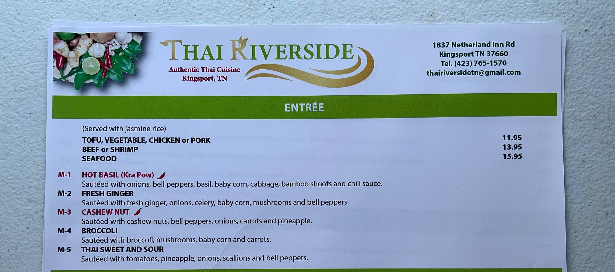 Menu at Thai Riverside restaurant, Kingsport
