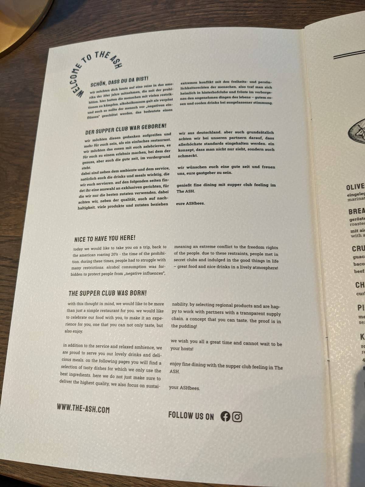 Speisekarte von The ASH restaurant, Bremen