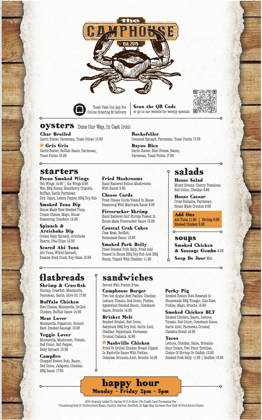 Menu at The Camphouse restaurant, Diamondhead
