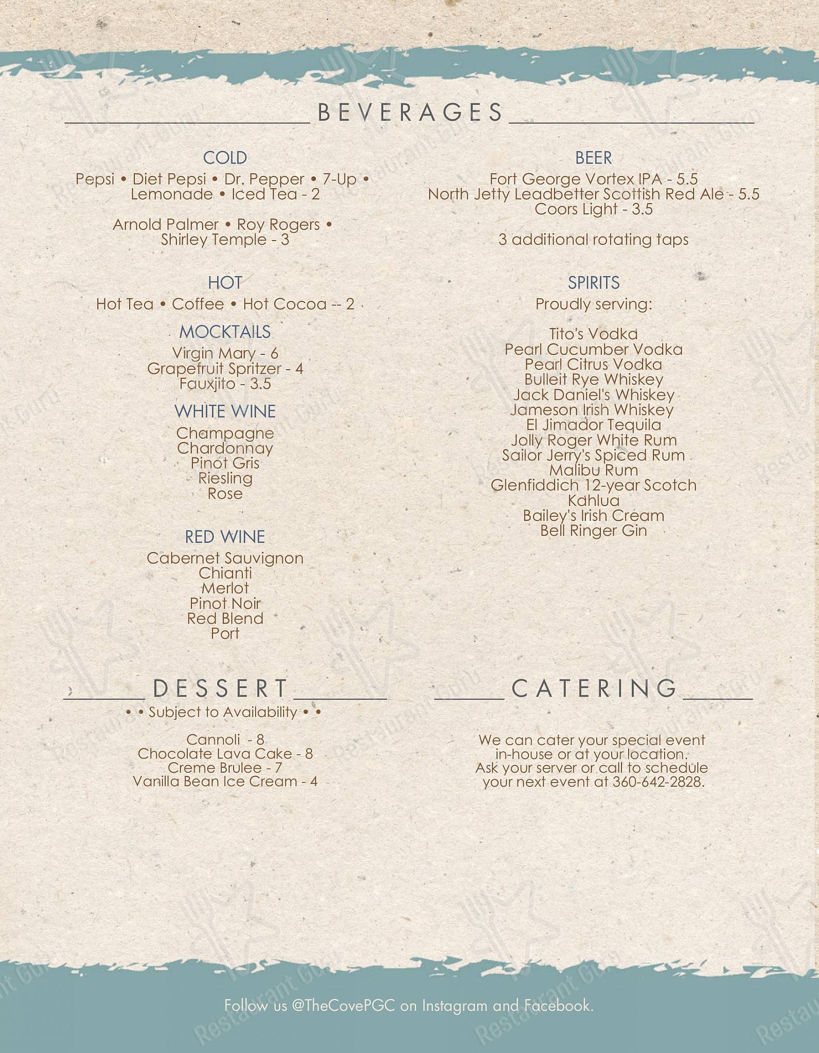 Menu at The Cove Restaurant, Long Beach