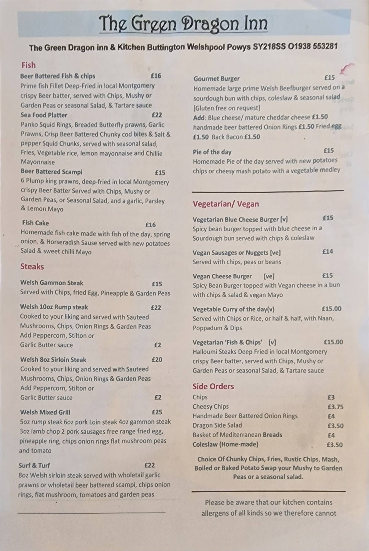 Menu at The Green Dragon Inn & Kitchen restaurant, Welshpool, The Green ...