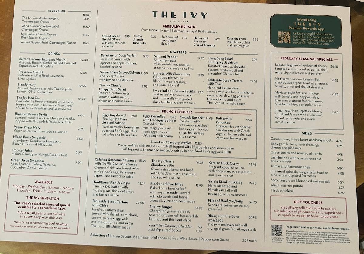Menu at The Ivy Victoria Quarter Leeds restaurant, Leeds