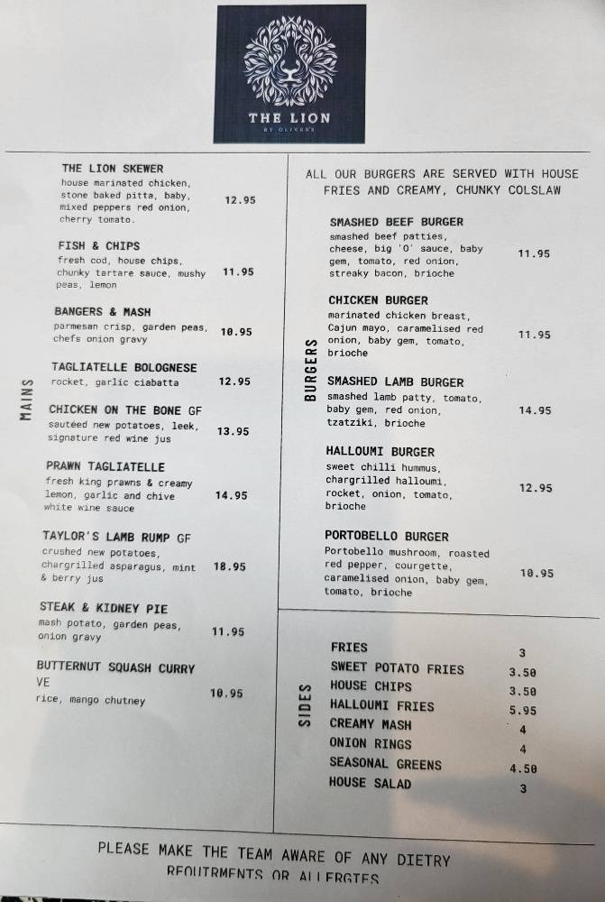 Menu at The Lion by Olivers restaurant, Brinsley