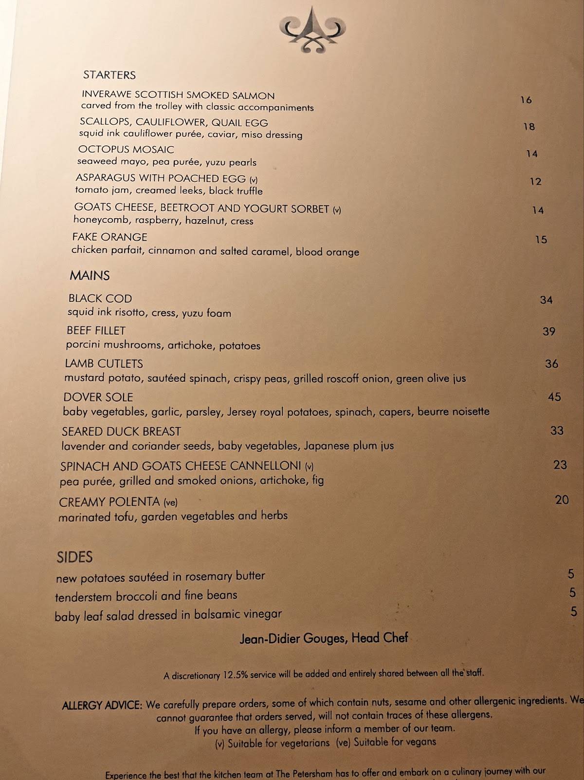 Menu at The Petersham Restaurant, Richmond