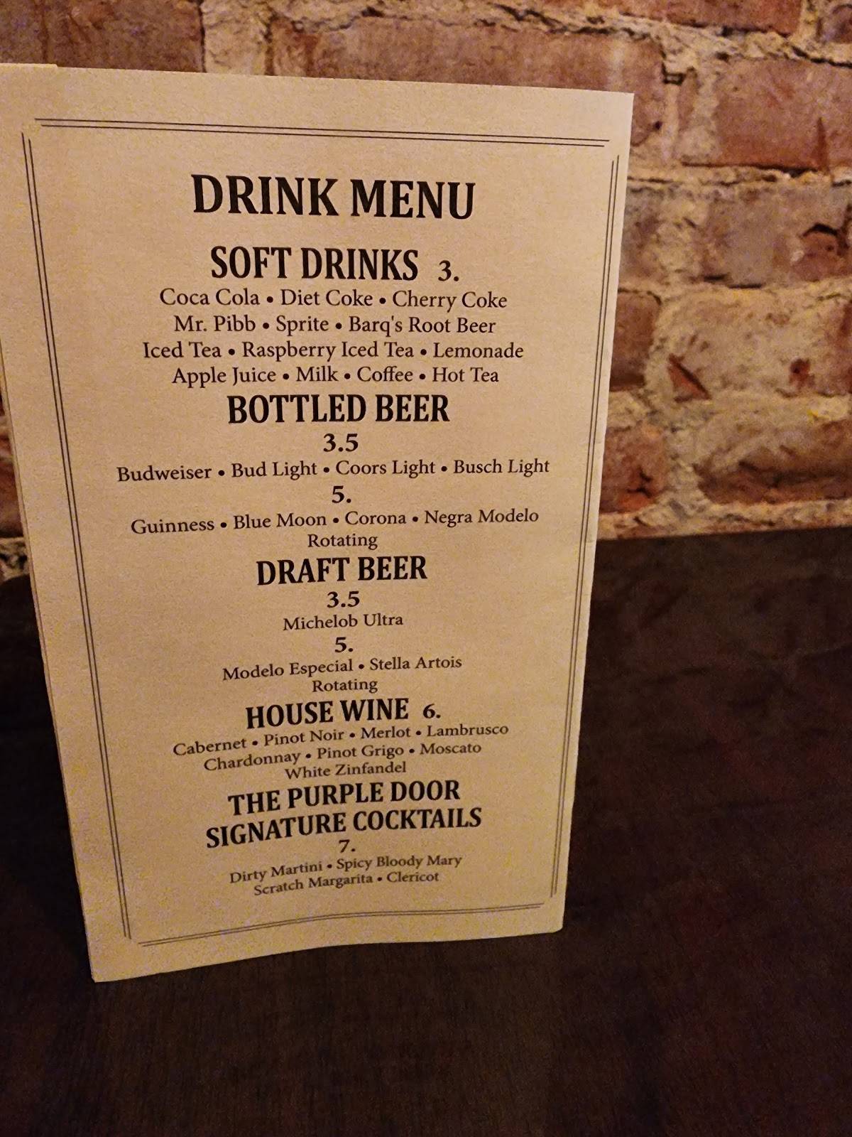 Menu at The Purple Door restaurant, Harlan