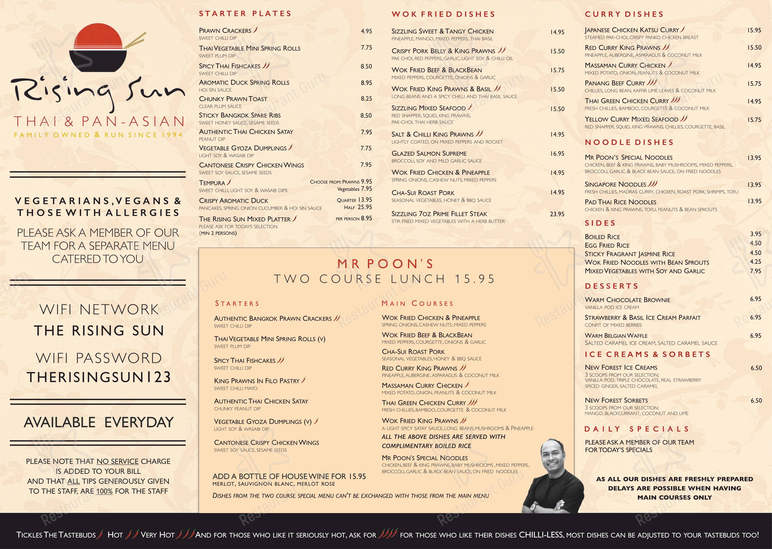 Menu at The Rising Sun Thai & Pan-Asian restaurant, Christchurch, 123 ...
