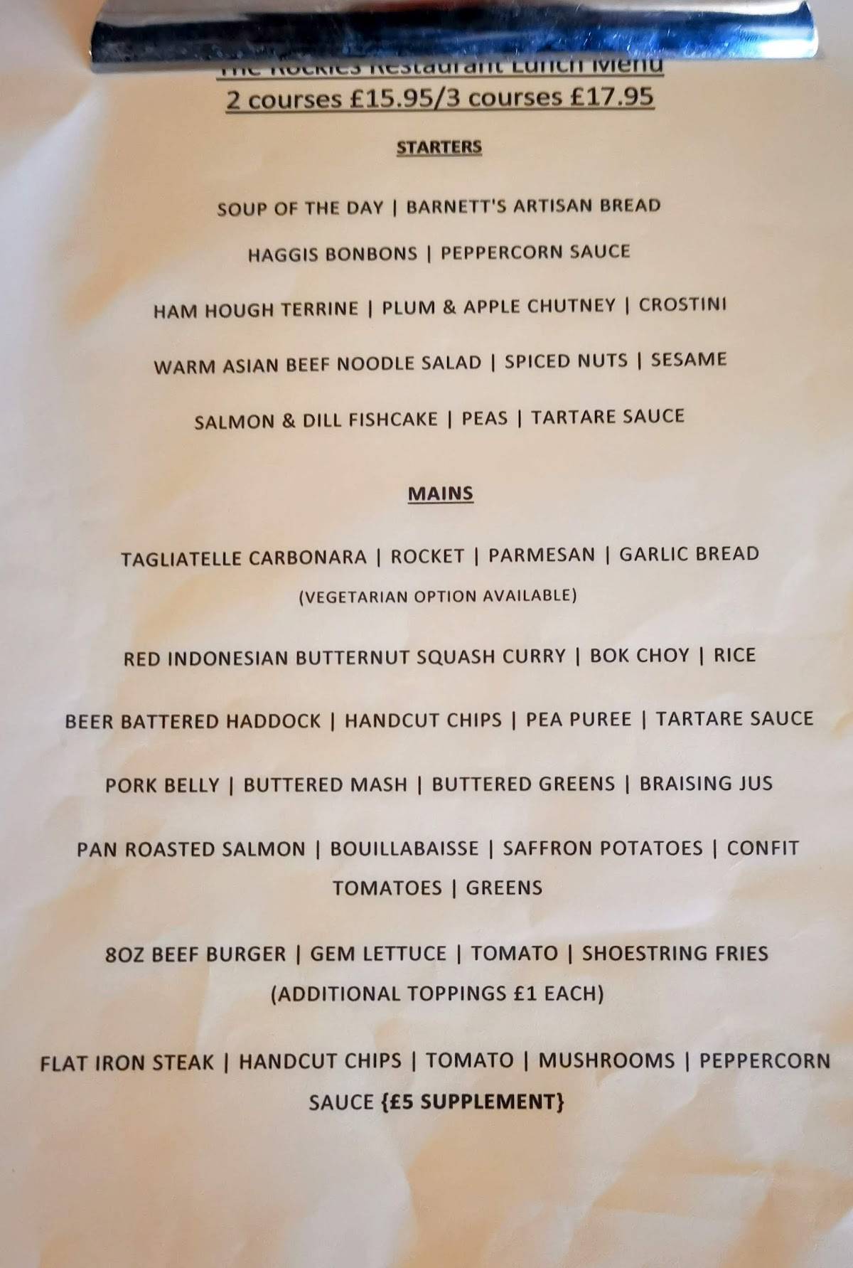 Menu at The Rockies Restaurant, Anstruther