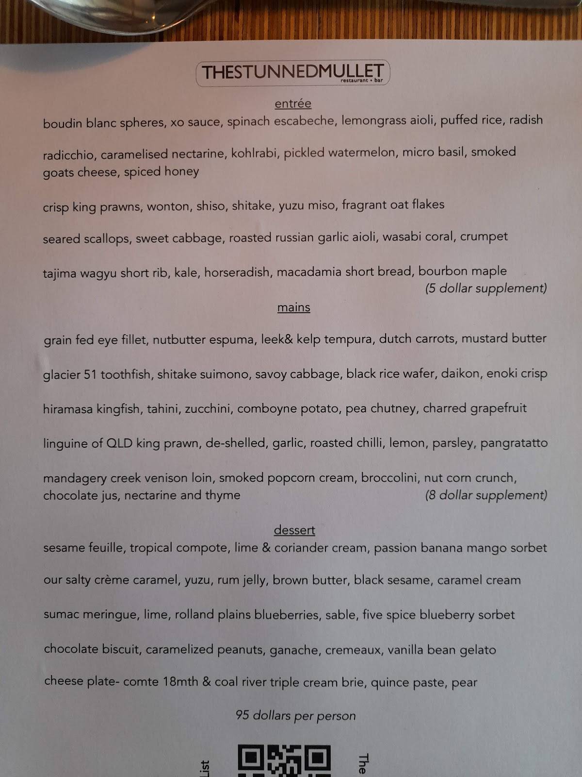 Menu at The Stunned Mullet restaurant, Port Macquarie
