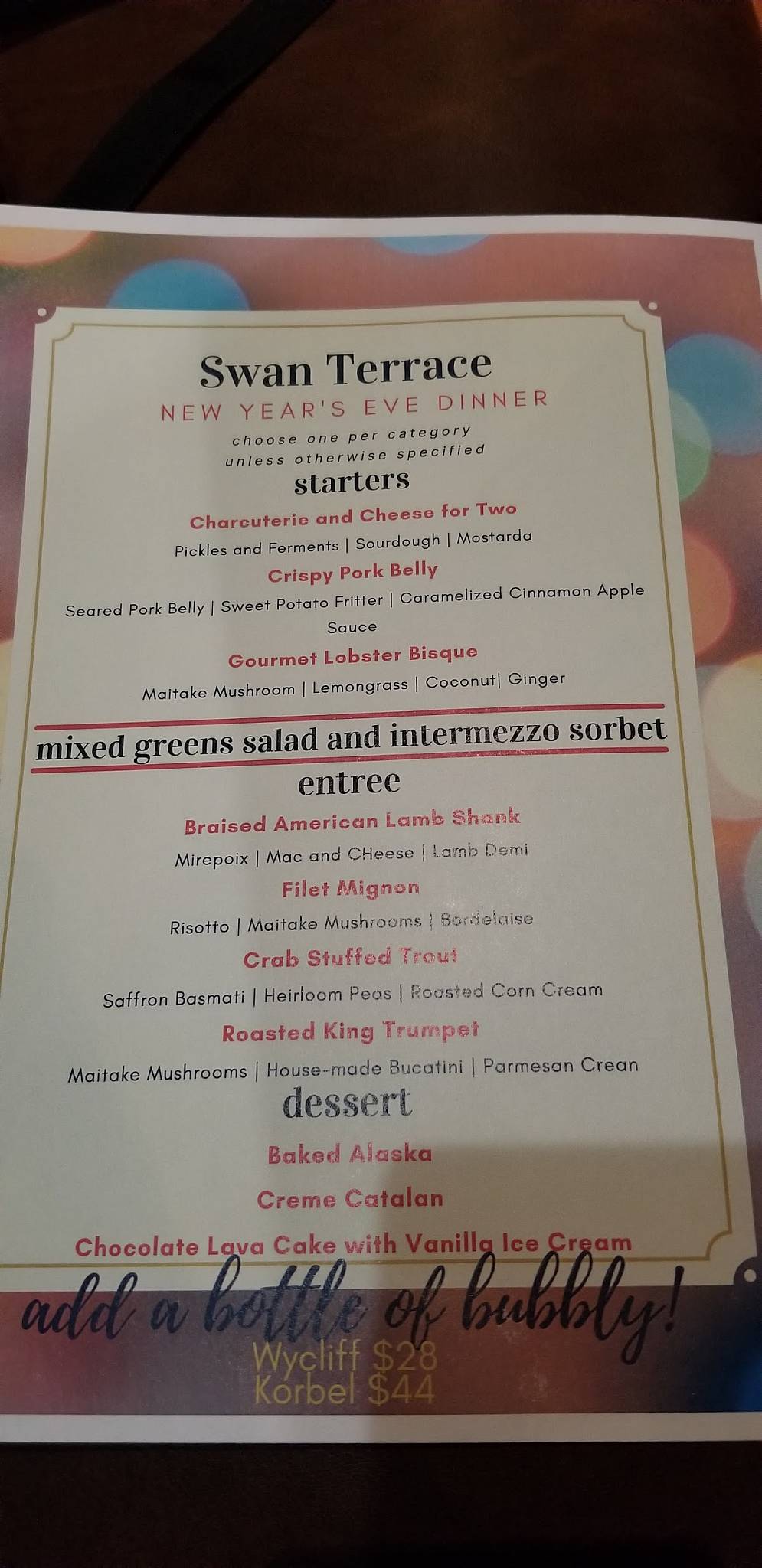 Menu at The Swan Terrace restaurant, Virginia Beach
