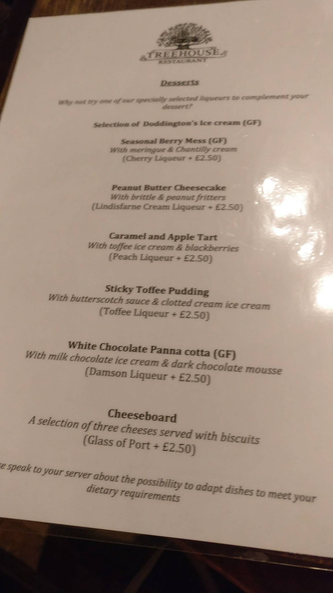 Menu at The Treehouse Restaurant, Alnwick