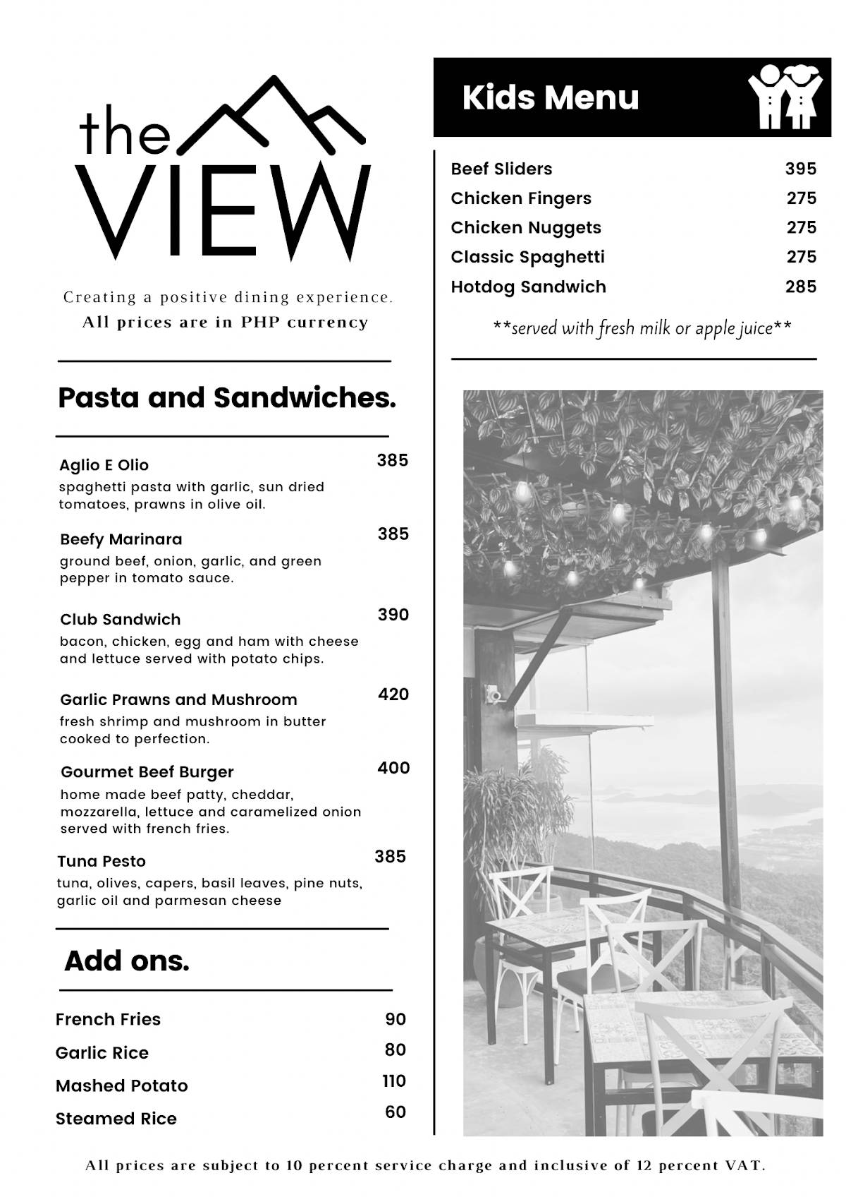 Menu at The View Restaurant • Cafe, Laurel