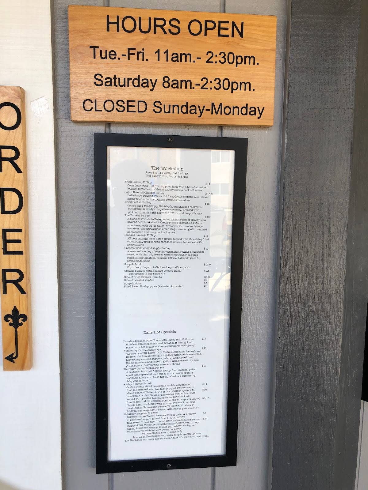Menu at The Workshop restaurant, Benicia