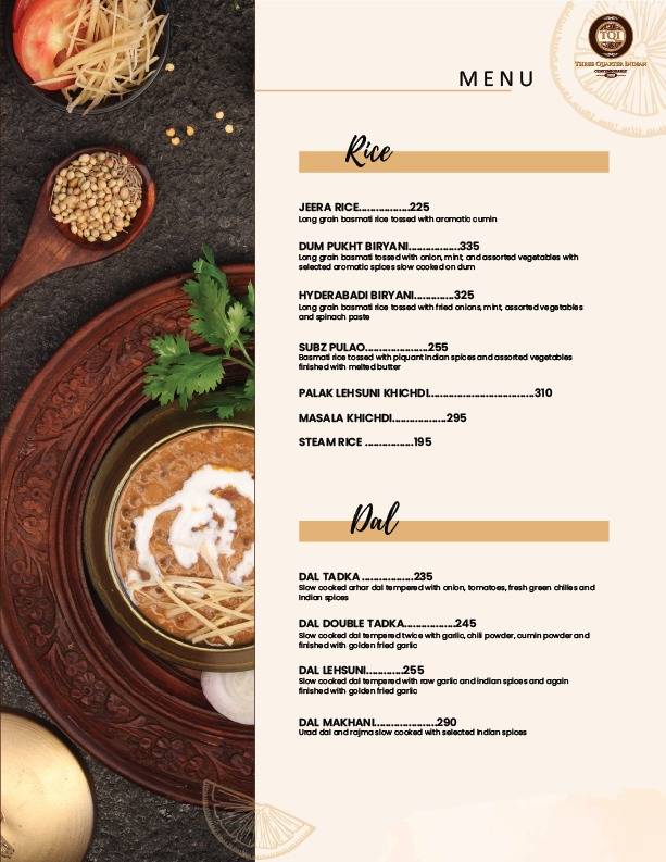 Menu at Three Quarter Indian, Ahmedabad
