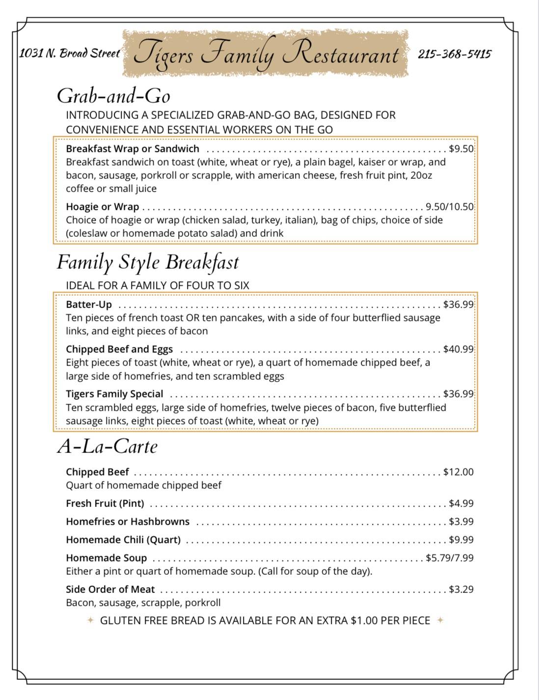 Menu at Tigers Family Restaurant, Lansdale