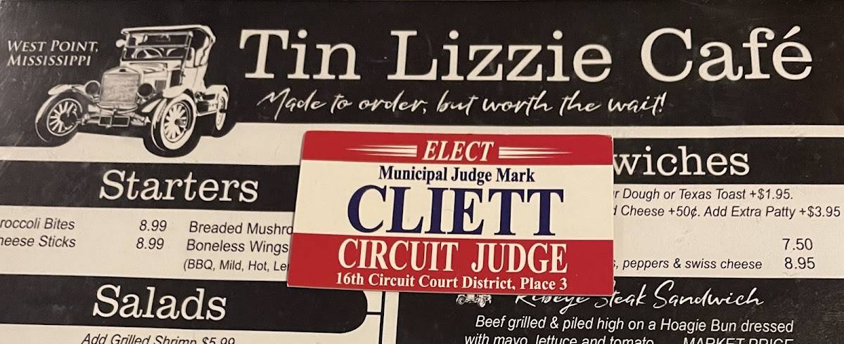 Menu at Tin Lizzie Cafe, West Point, US-45 ALT