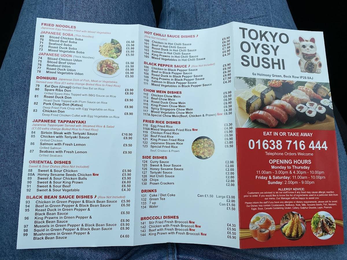 Menu at Tokyo Oysy Sushi restaurant, Beck Row