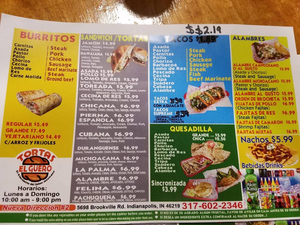 Menu at Tortas El Guero restaurant, Indianapolis, S Brookville Rd