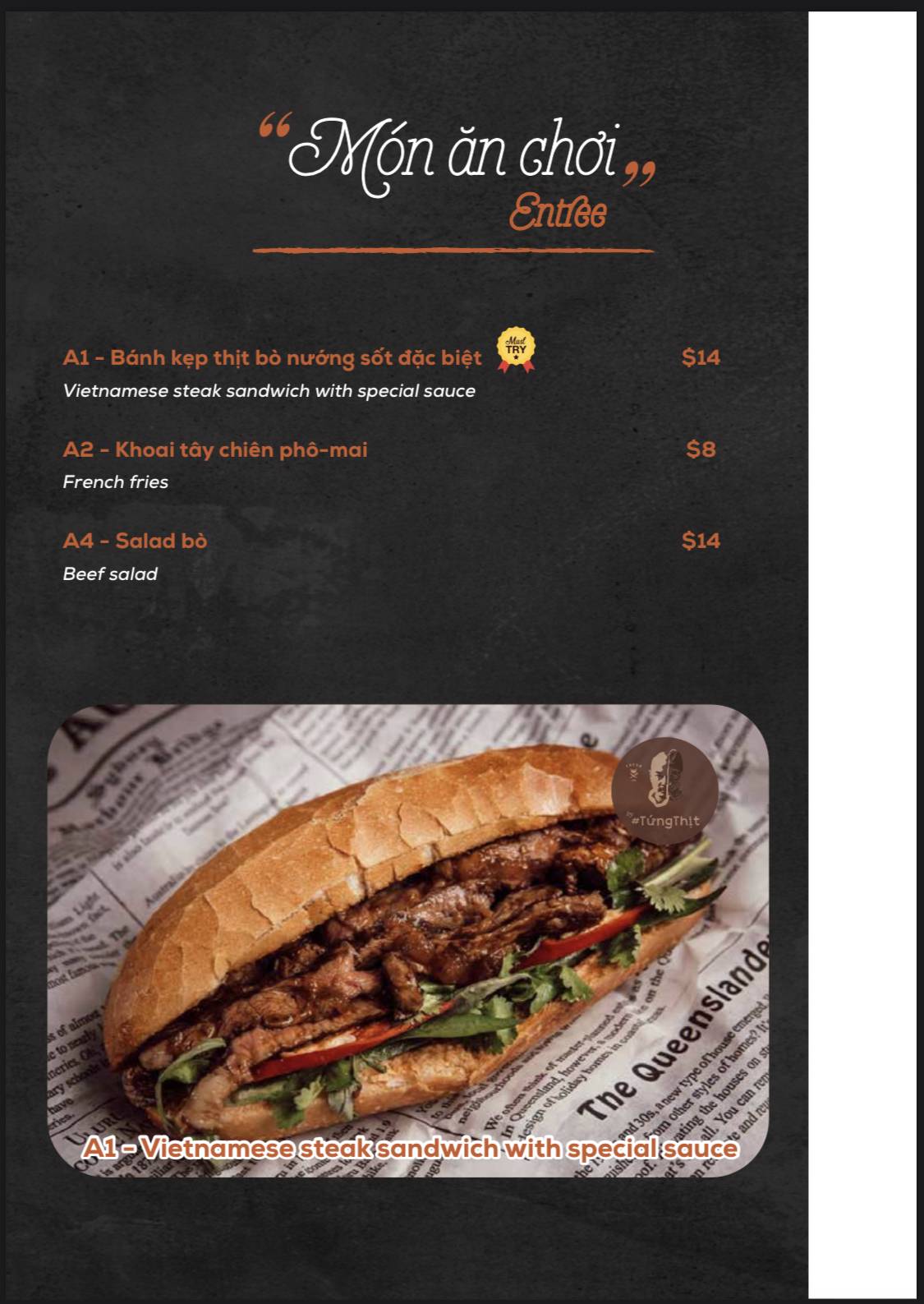 Menu at Tungthit Sizzling Steak steakhouse, Springvale