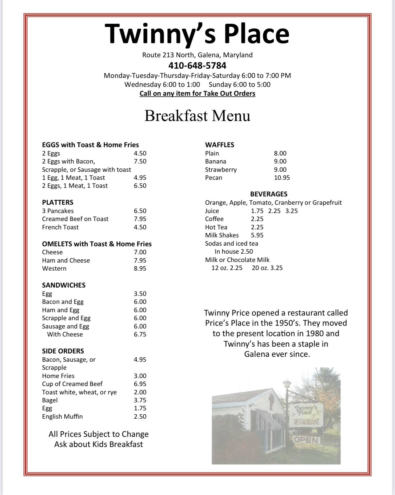 Menu at Twinny's Place restaurant, Galena