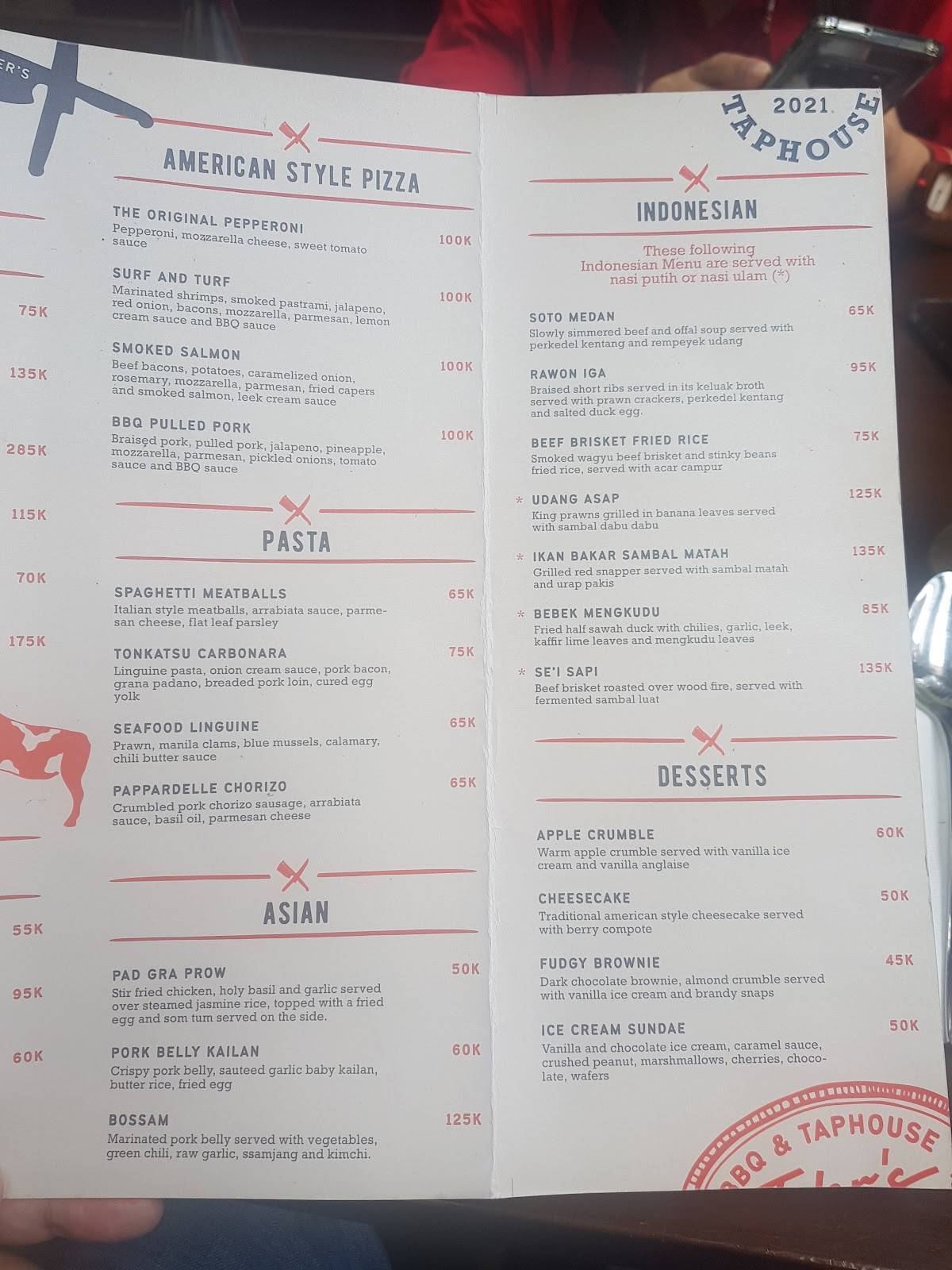 Menu at Tyler's Smoke House restaurant, Semarang