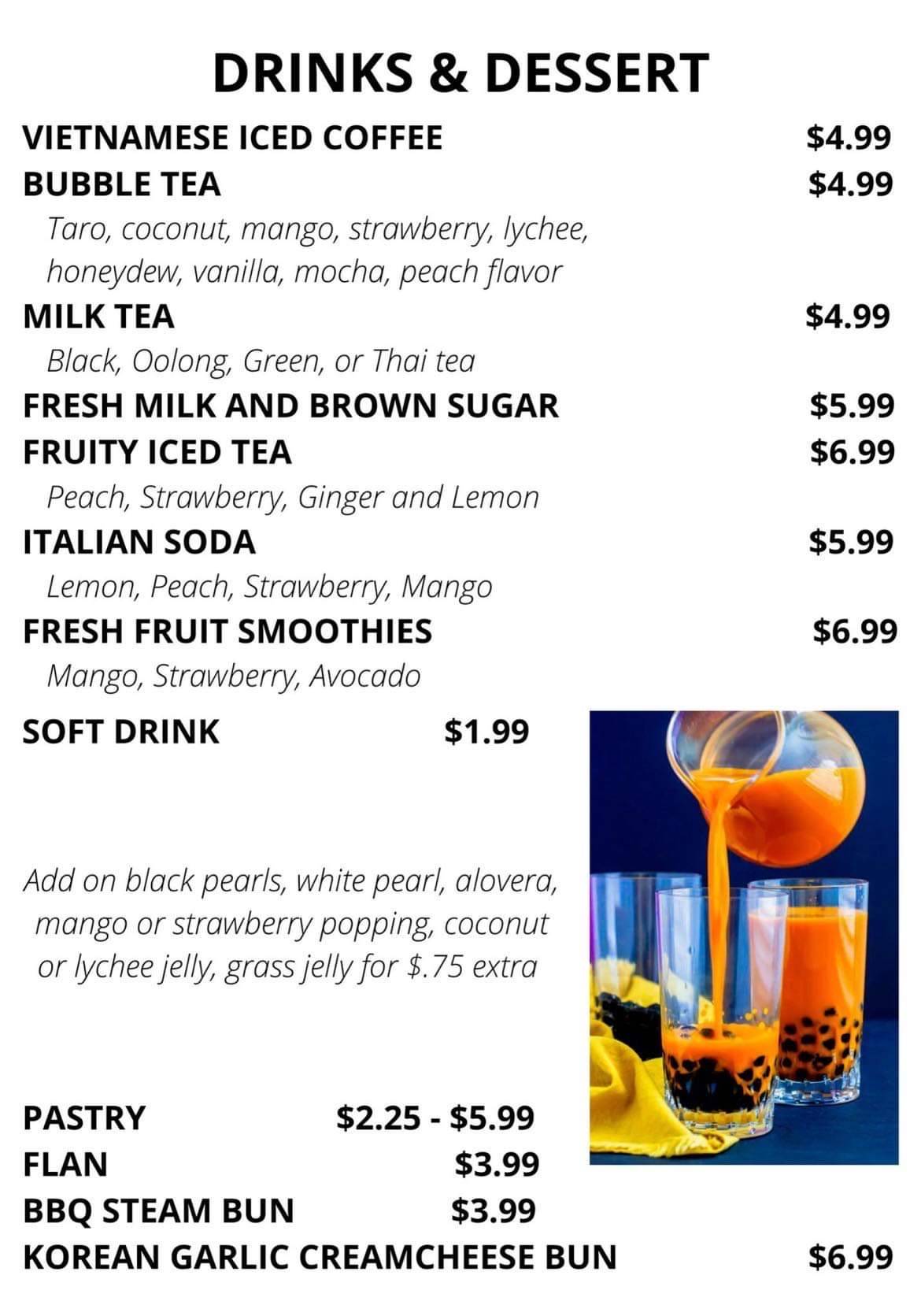 Menu at Uncle Sunny restaurant, Regina