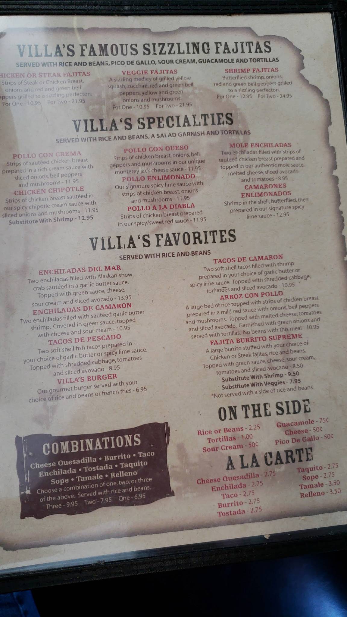 Menu at Villa's Mexican Grill restaurant, Livingston