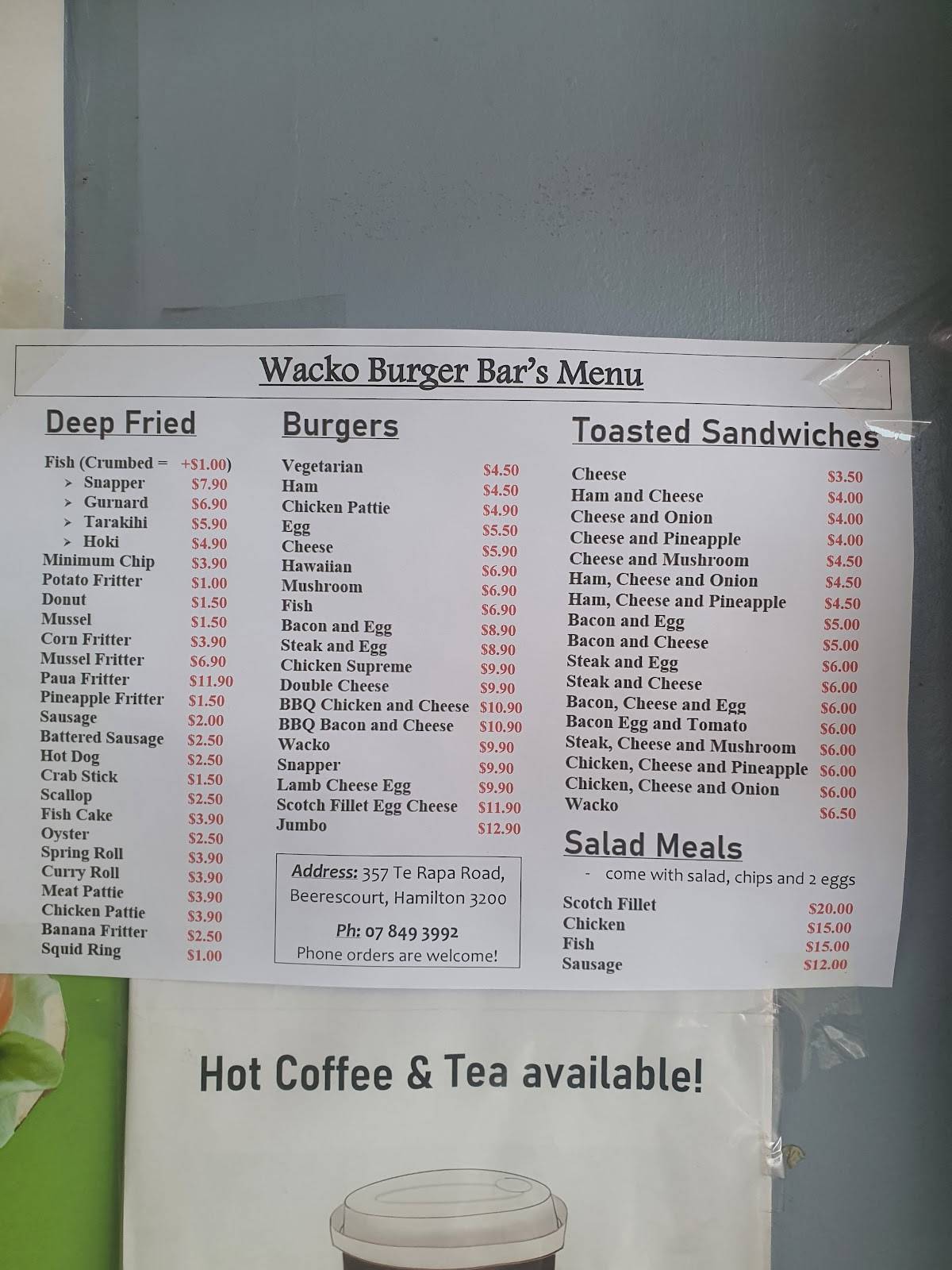 Menu at Wacko Burger Bar, Hamilton, 357 Te Rapa Rd
