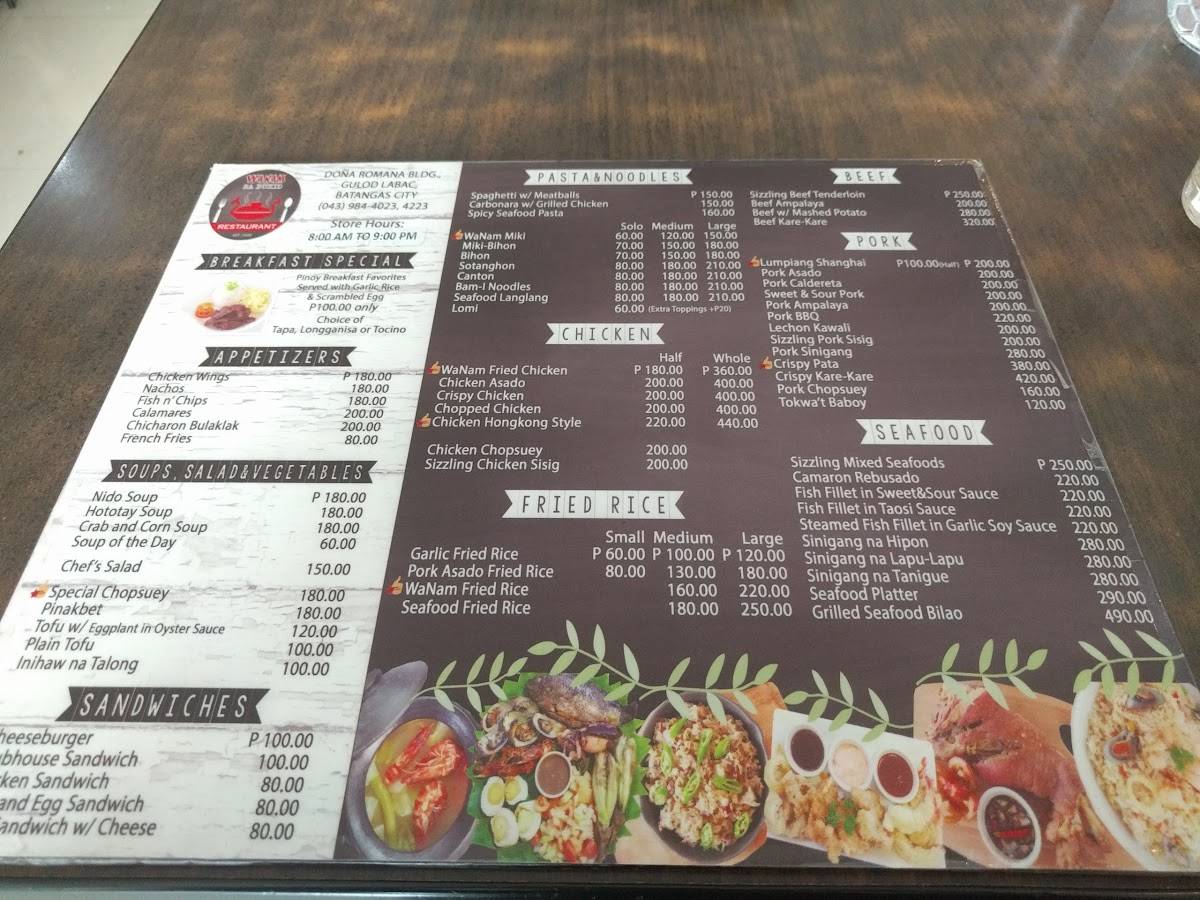 Menu at Wanam sa Bukid restaurant, Batangas