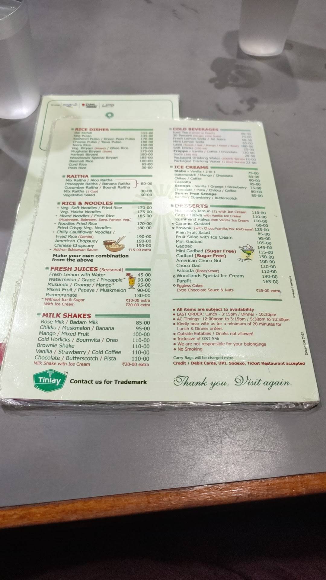Menu at Woodlands Restaurant, Udupi, Dr. U. R. RAO Complex