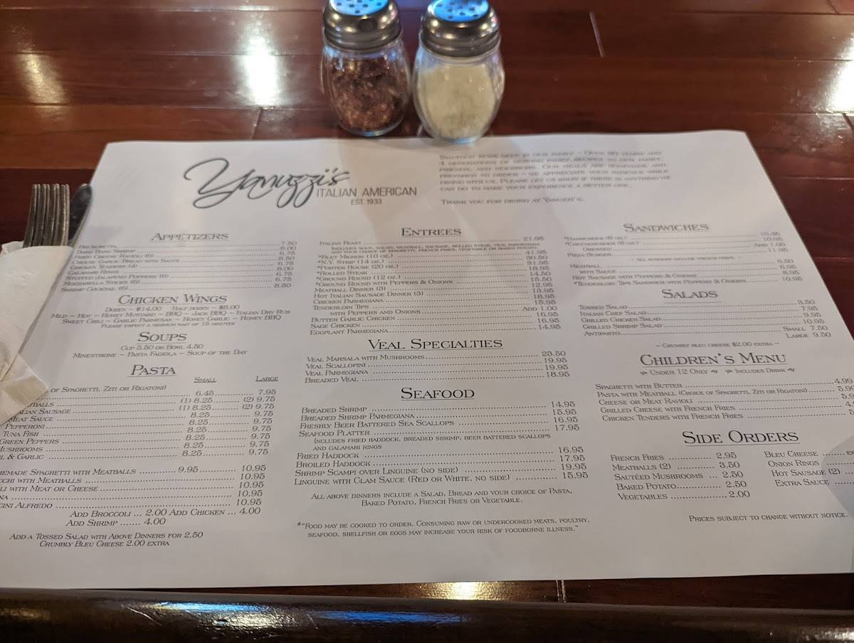 Menu at Yanuzzi's restaurant, Sayre