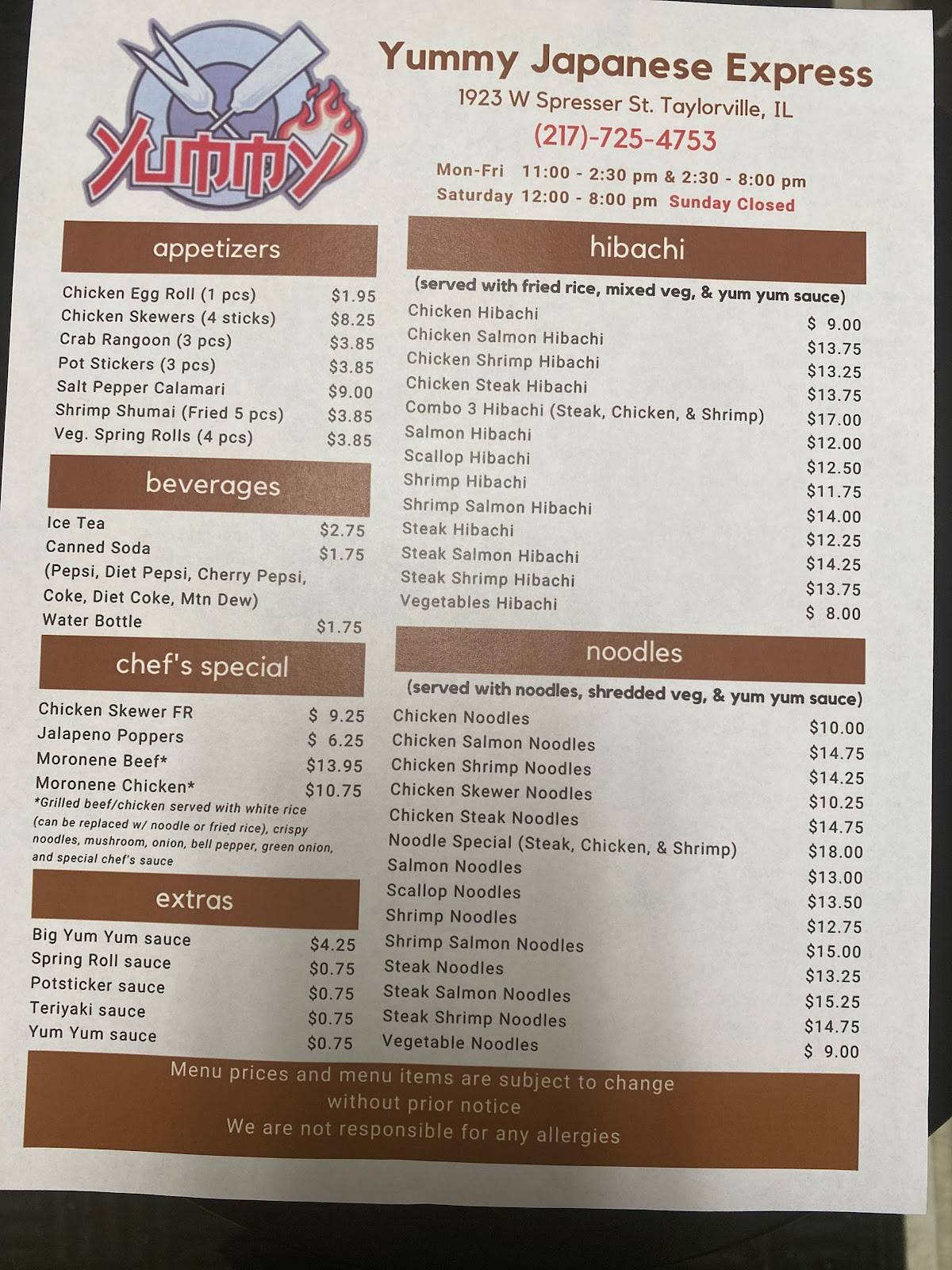 Menu at Yummy Japanese Express - TAYLORVILLE restaurant, Taylorville