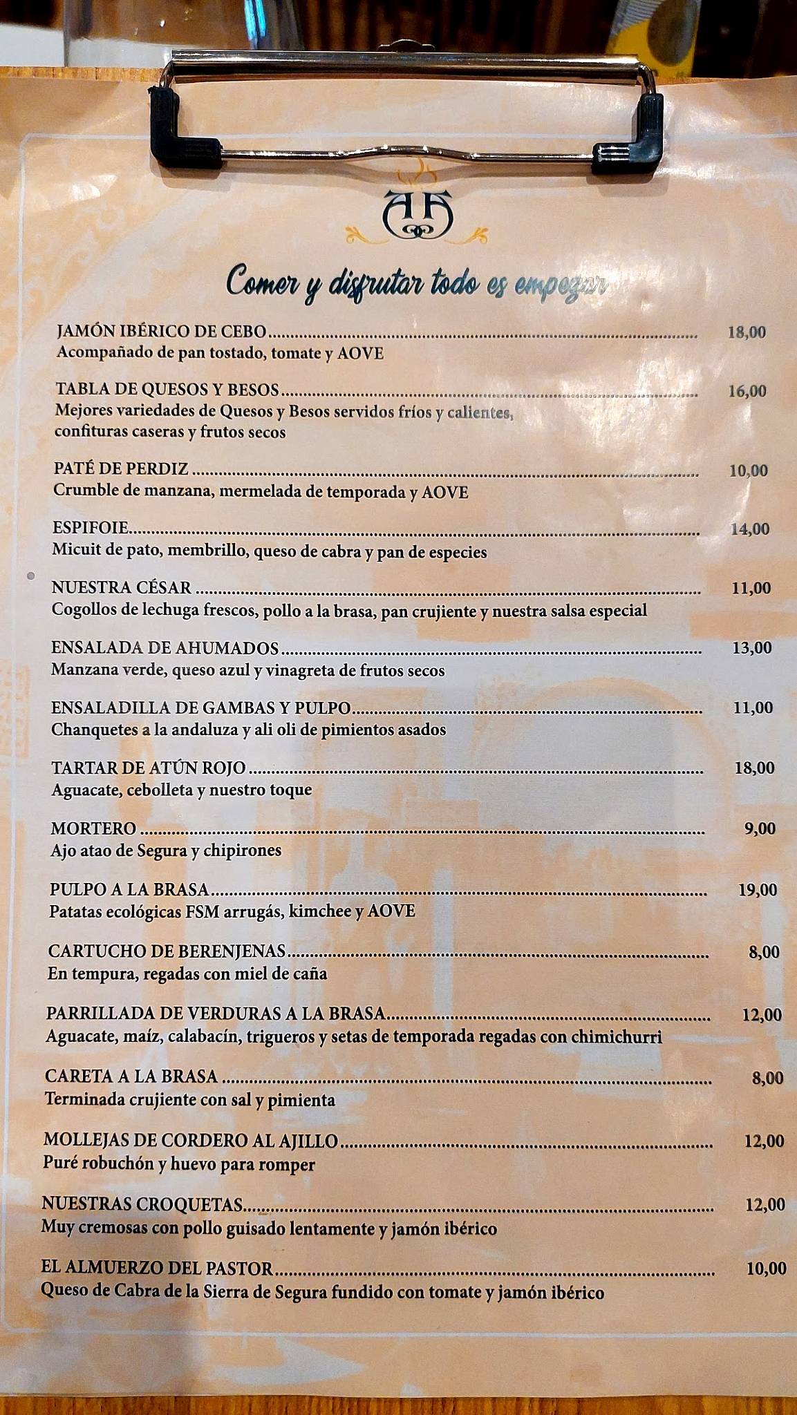 Carta de Restaurante Asador Al Andalus, Úbeda, C. de los Canos