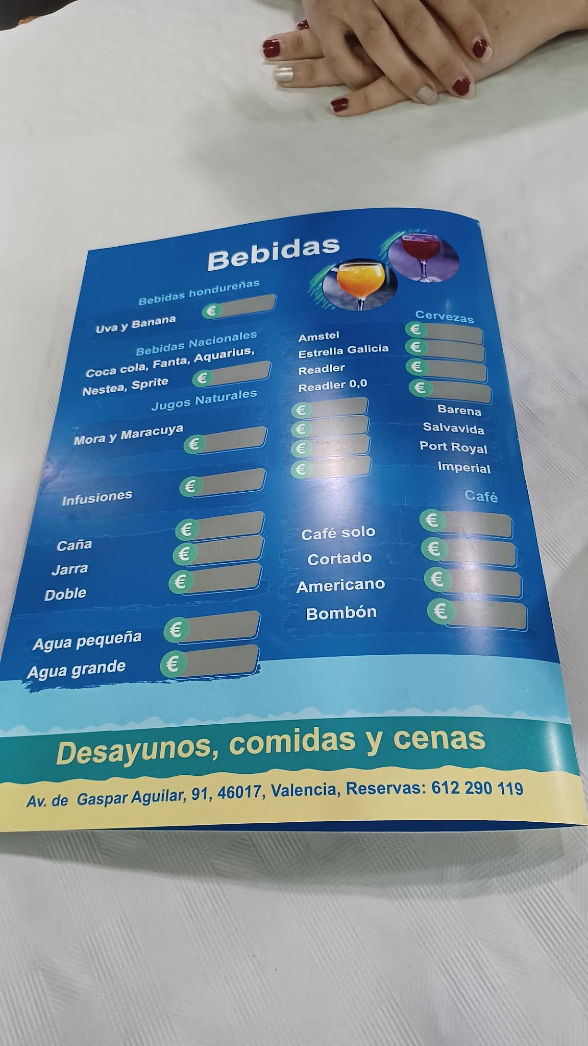 Carta de Restaurante Hondureño Cinco Estrellas, Valencia