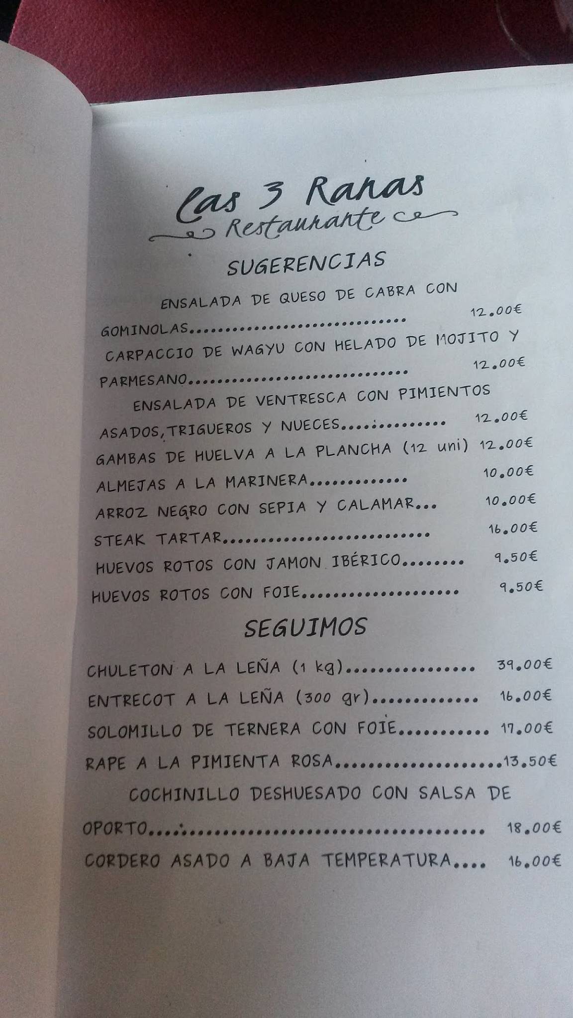 Carta de Restaurante Las 3 Ranas, Jaca