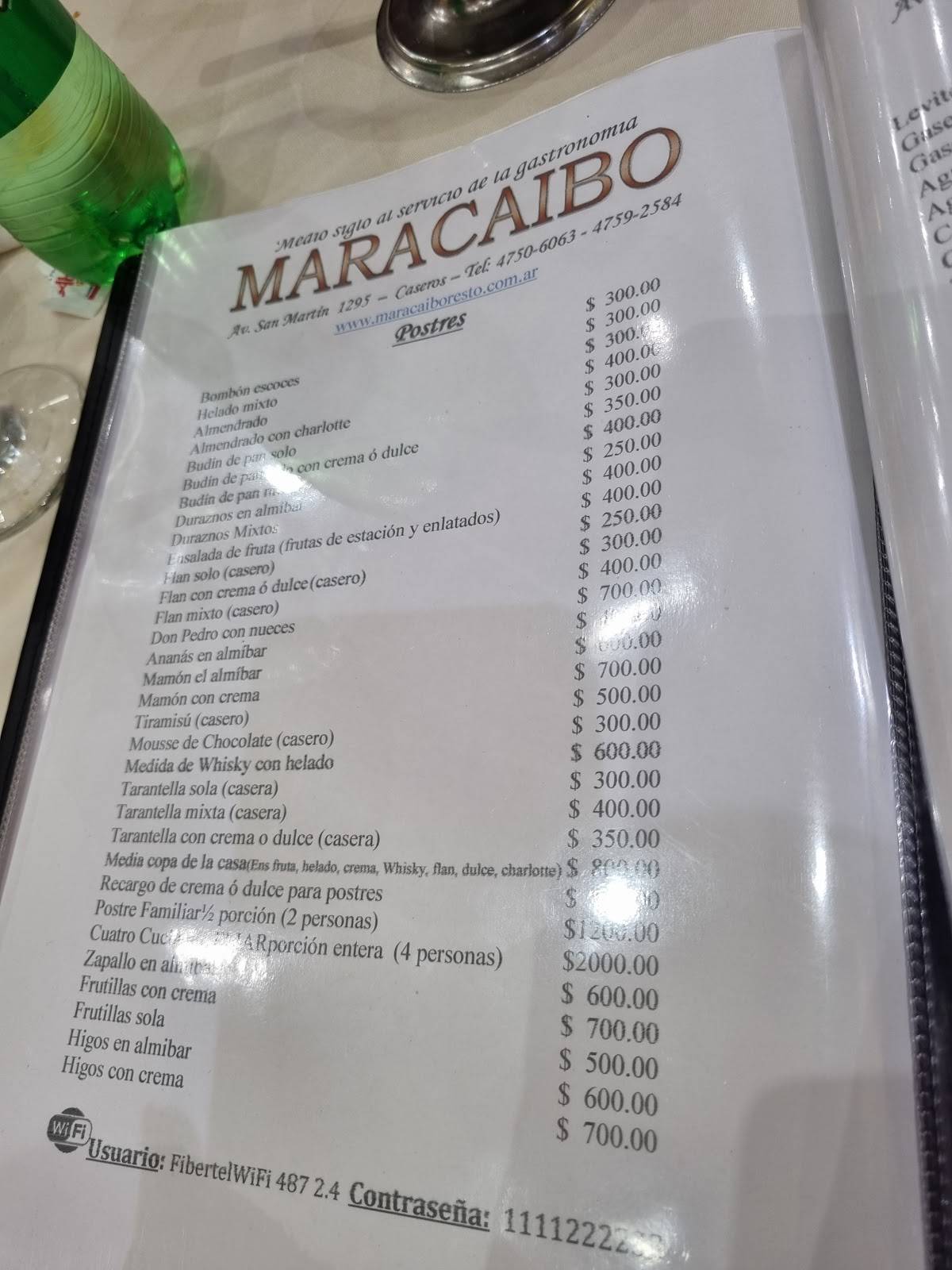 Carta del restaurante Restó MARACAIBO, Caseros