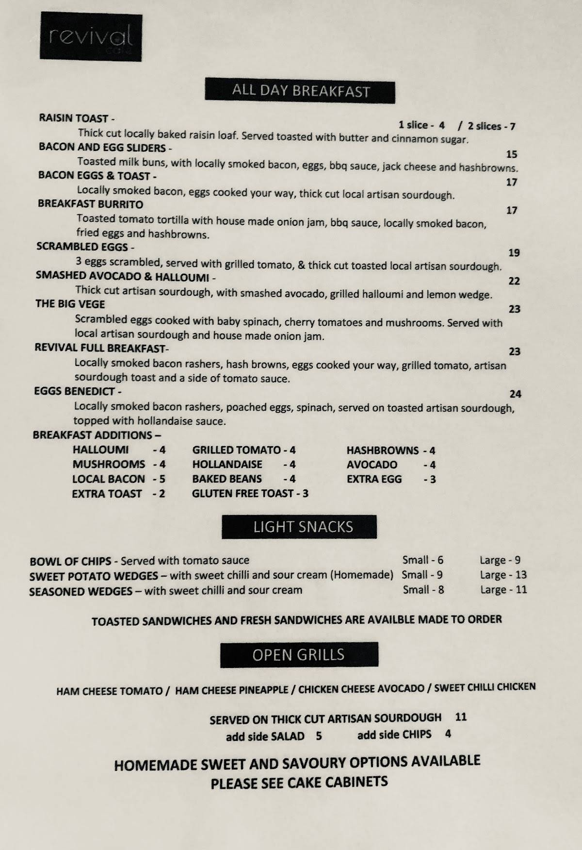 Carta de Revival Café Boonah, Boonah