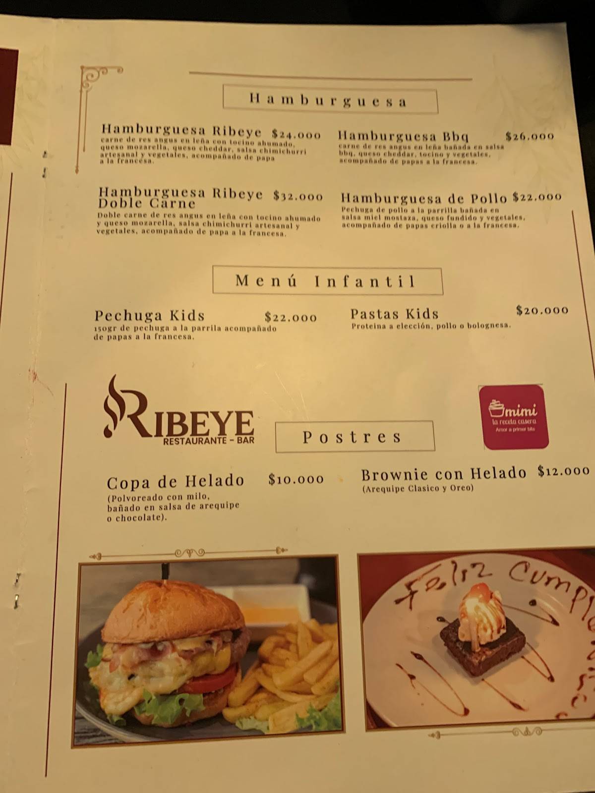 Carta de Ribeye Resto Bar, Barranquilla