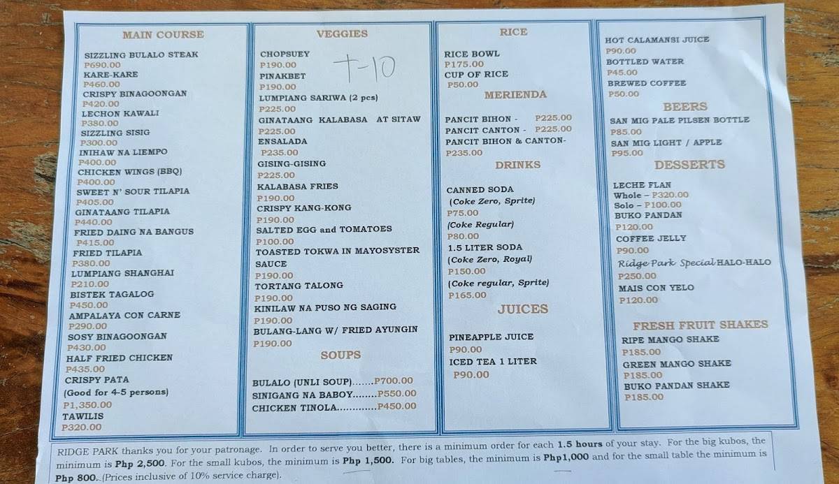 Menu at Ridge Park Kainan sa Kubo restaurant, Tagaytay, 3WXW+X75