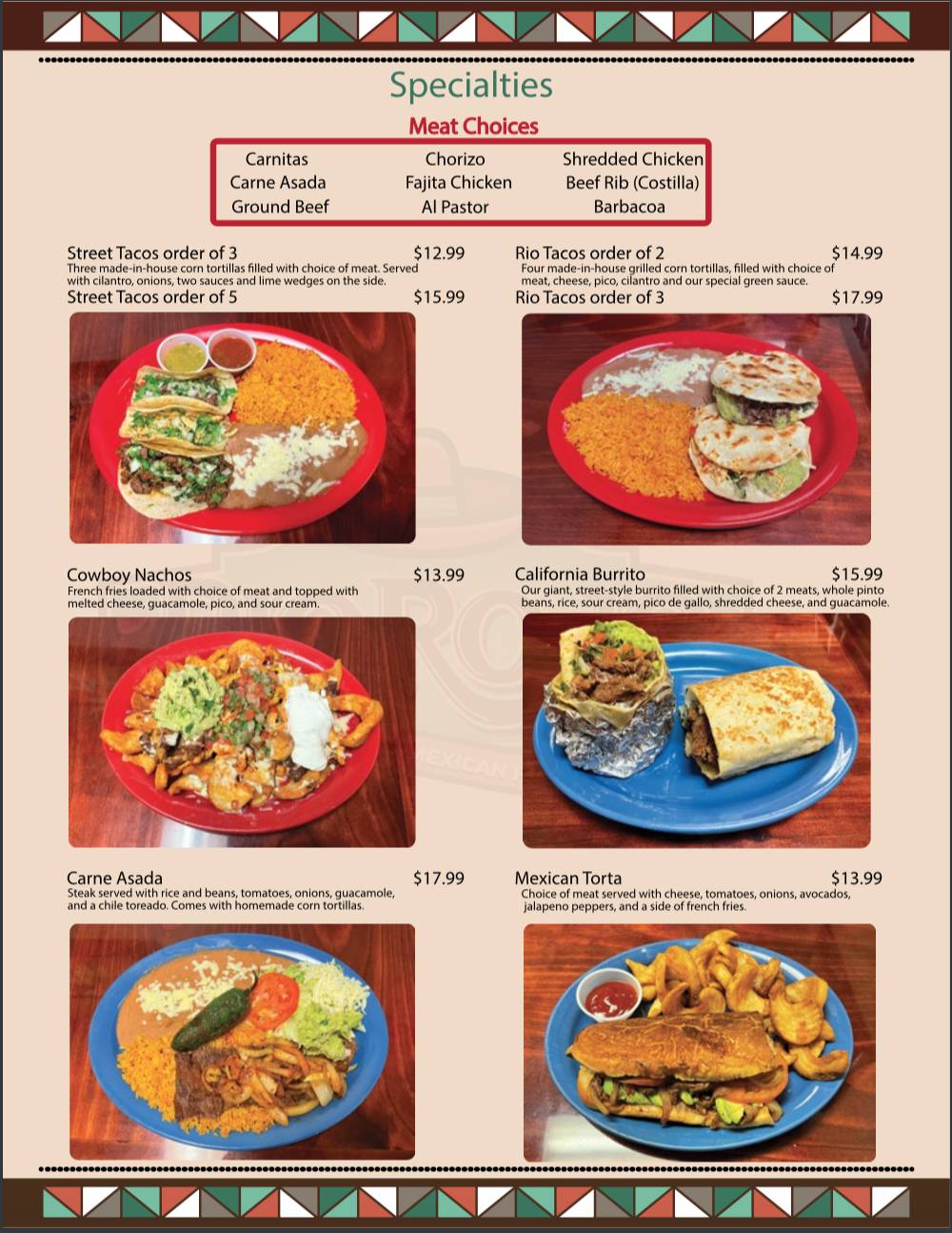 Menu at Rio Rojo Mexican Restaurant, Deville