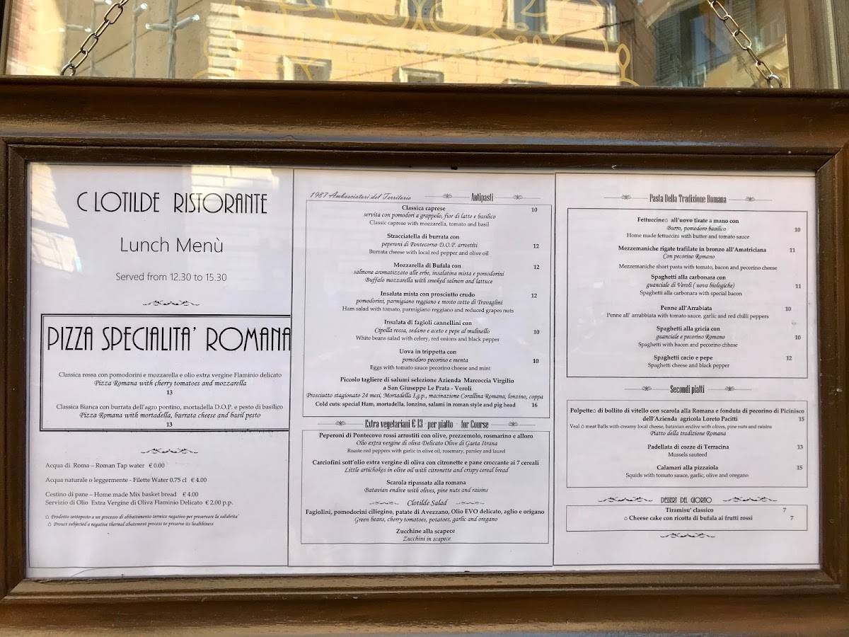 Menu at Ristorante Clotilde Roma, Rome, Piazza Cardelli