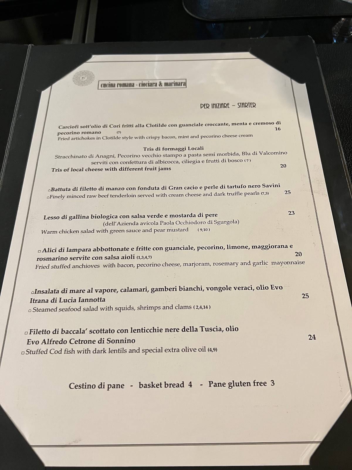 Menu at Ristorante Clotilde Roma, Rome, Piazza Cardelli