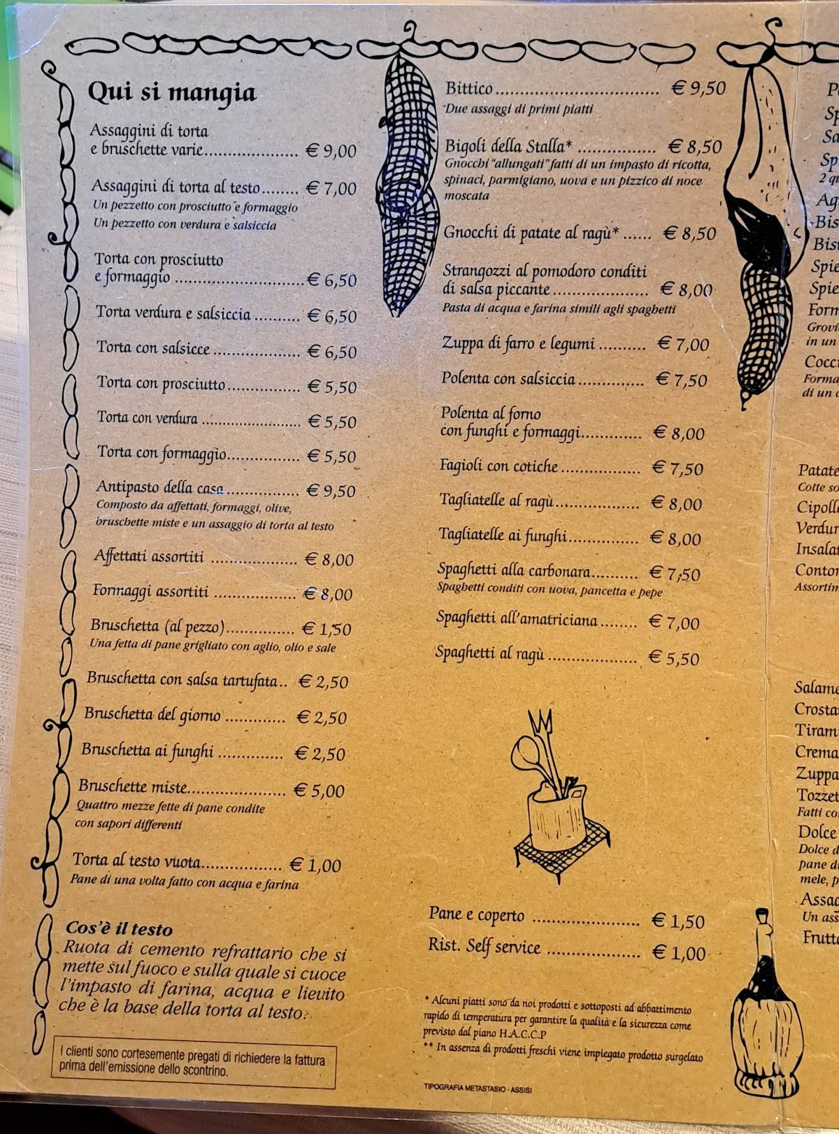 Menu da Ristorante La Stalla, Assisi