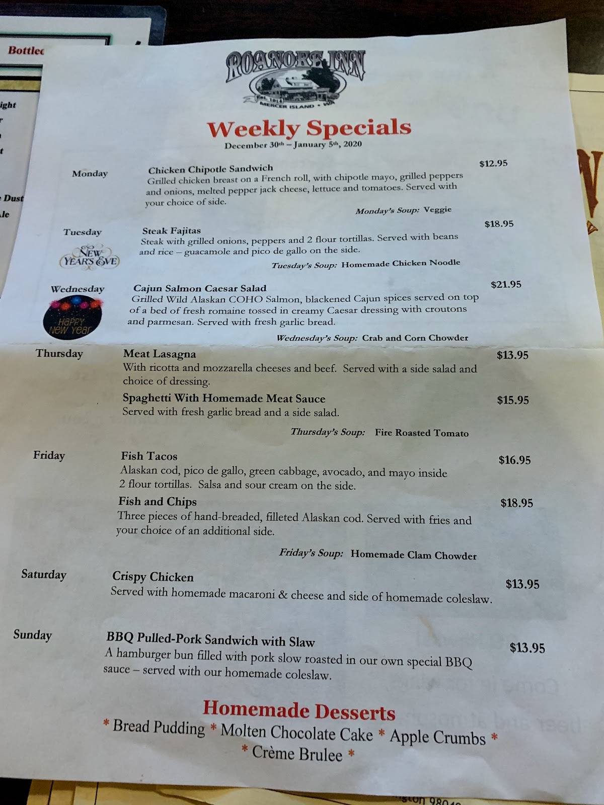Menu at Roanoke Inn pub & bar, Mercer Island