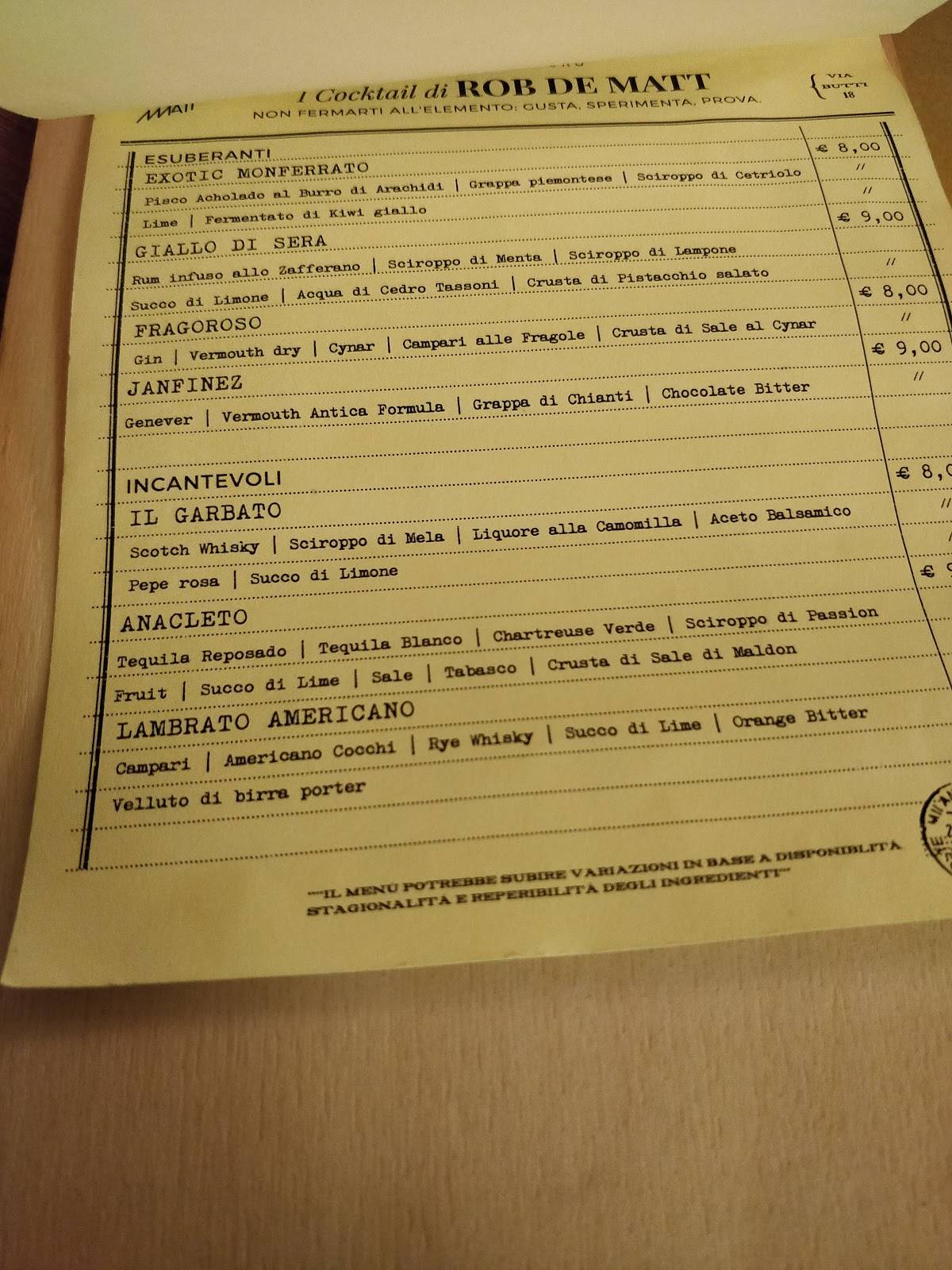 Menu da Rob de Matt pub & bar, Milano