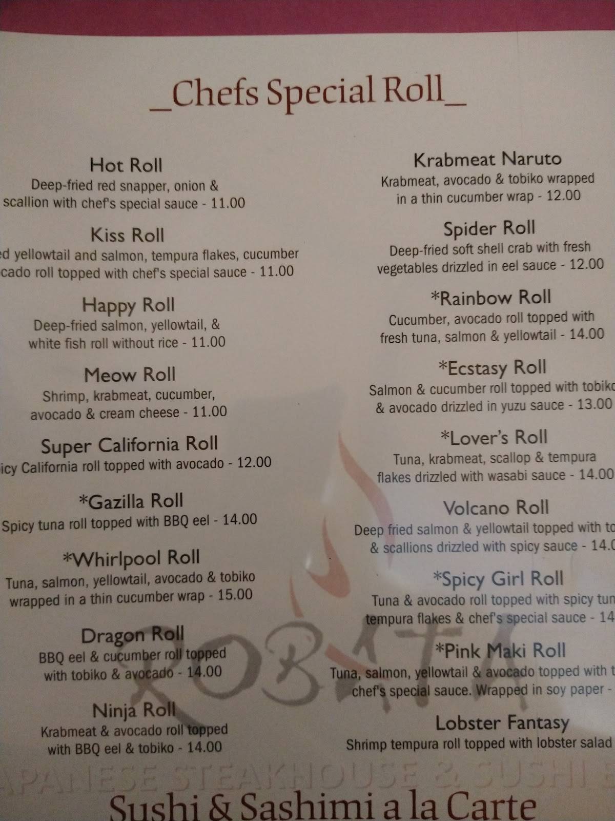Menu at Robata Japanese Steak House restaurant, Clermont
