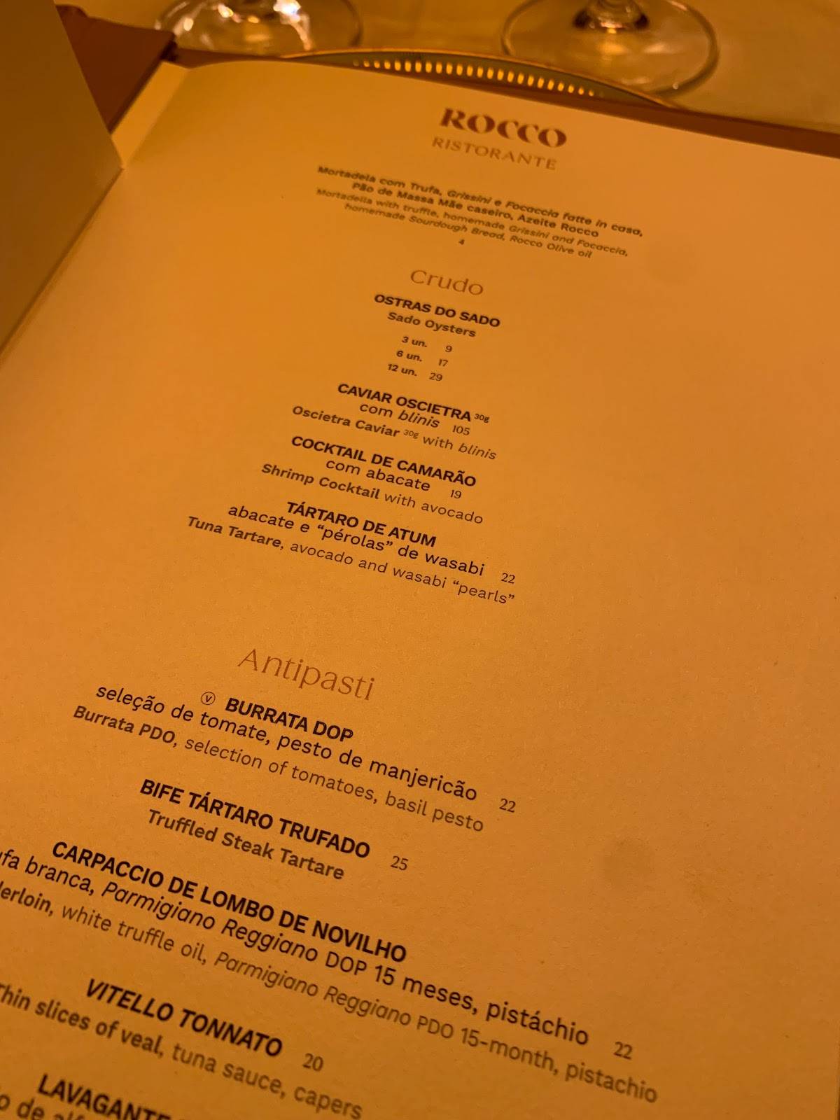 Menu at Rocco restaurant, Lisbon
