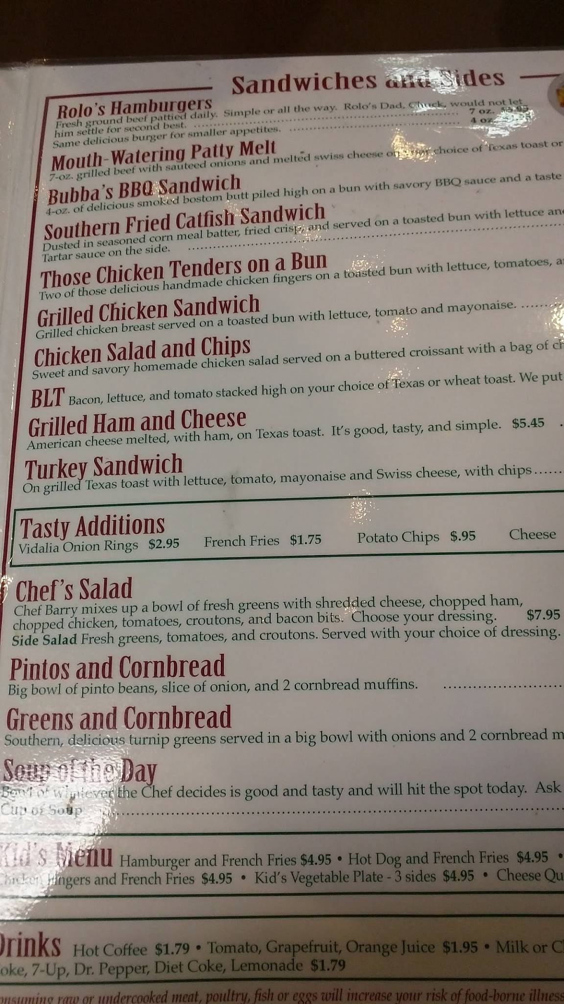 Menu at Rolo's Cafe, Huntsville