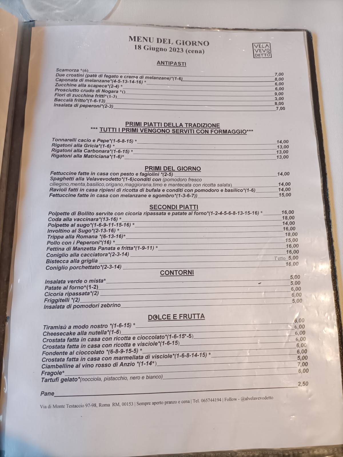 Menu da Flavio al Velavevodetto ristorante, Roma