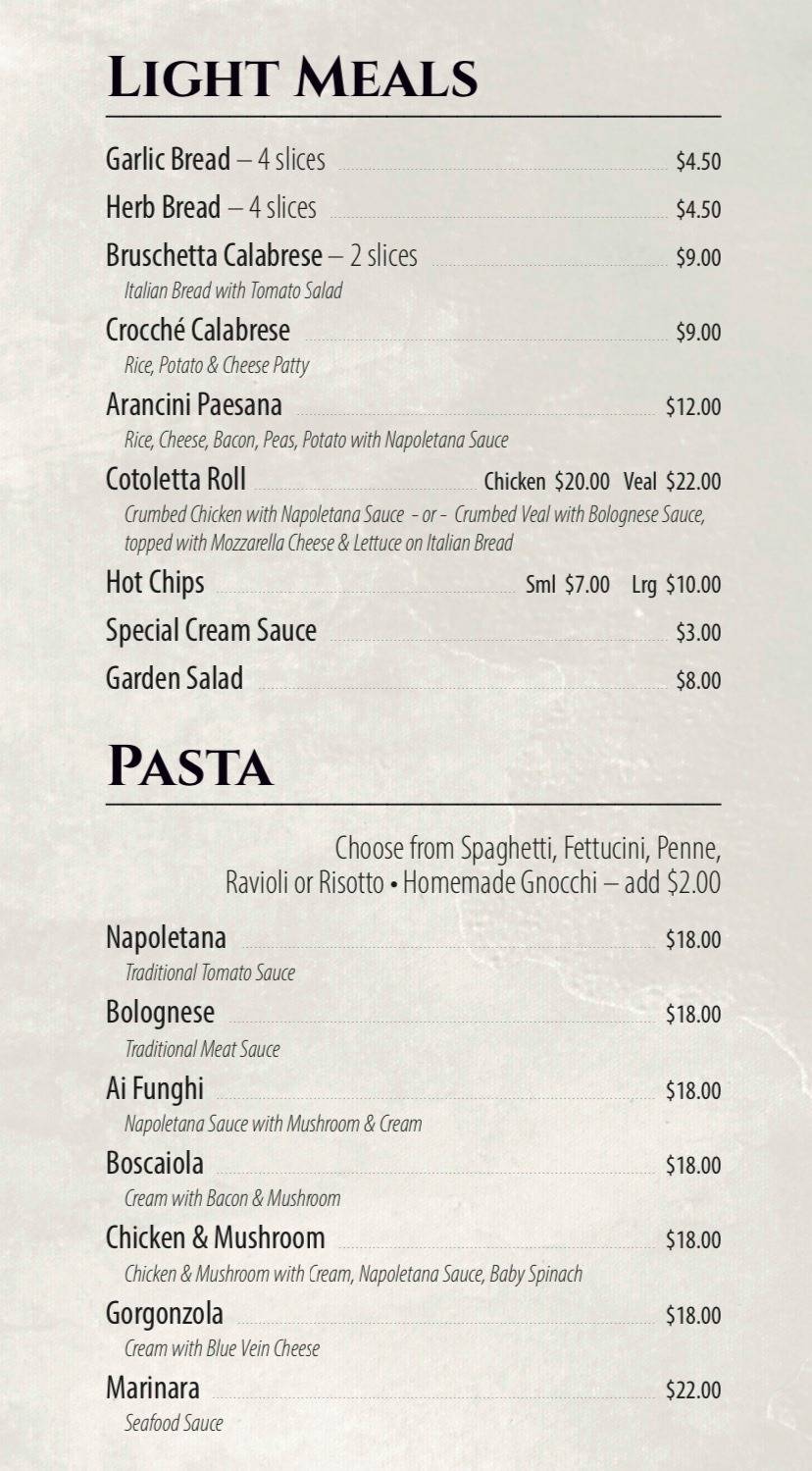 Menu at Romeo & Giulietta Restaurant, Griffith